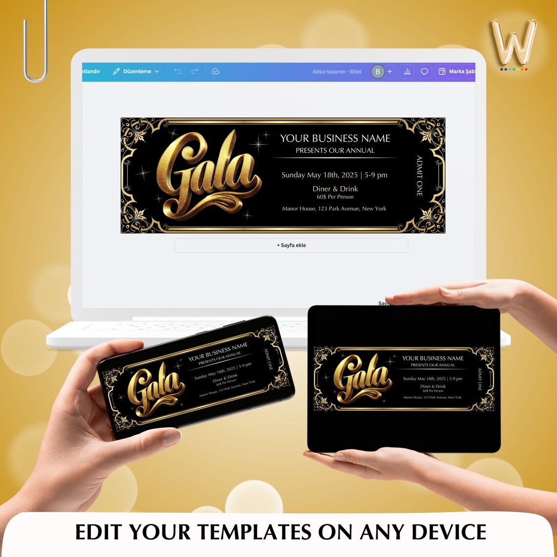 Golden Gala Ticket Template: Black and Gold Event Invitation (digital ...