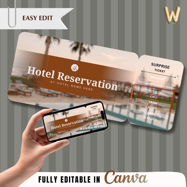 Editable Hotel Reservation Ticket Template: Surprise Gift (canva) - Etsy