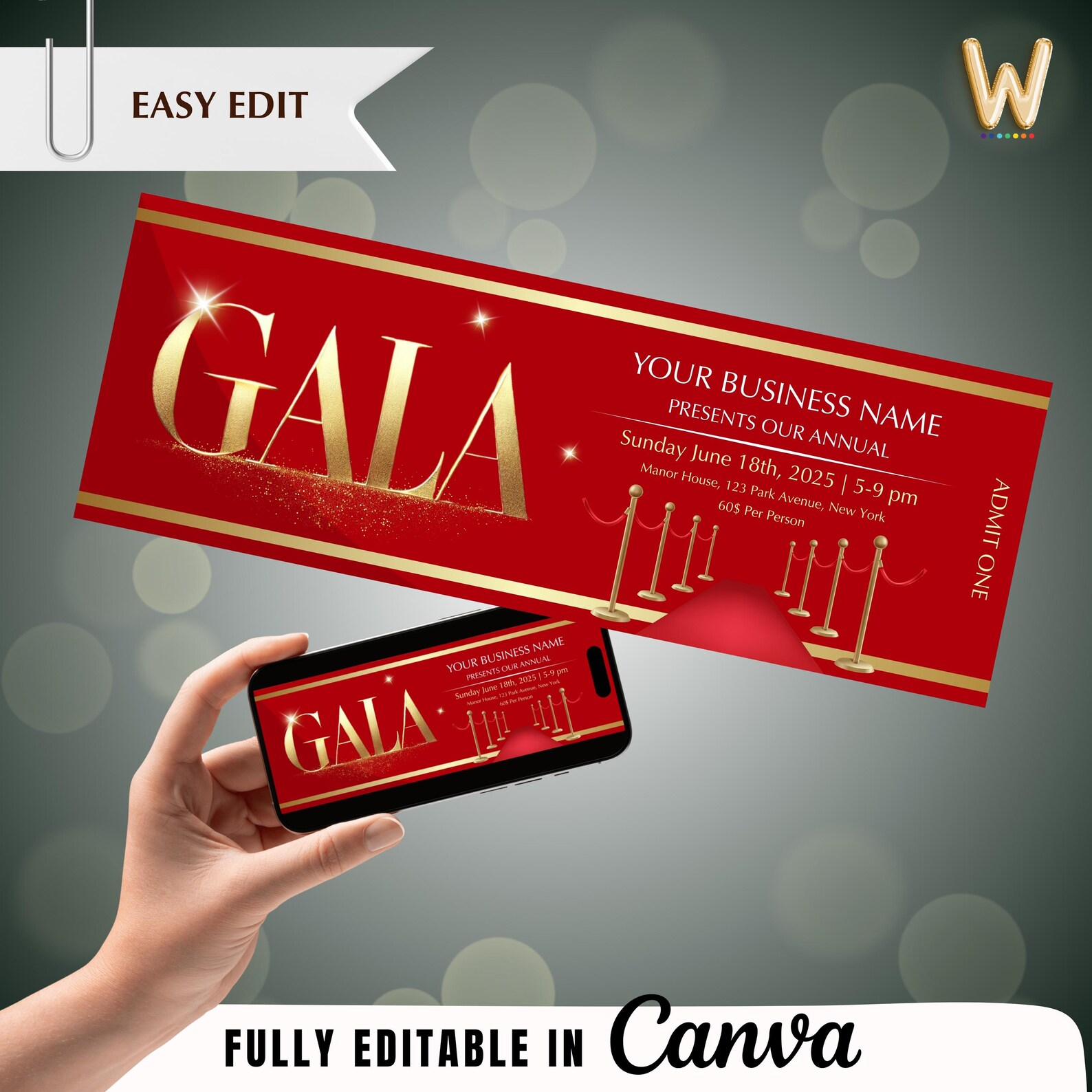Golden Gala Ticket Template: Red and Gold Event Admission (digital ...