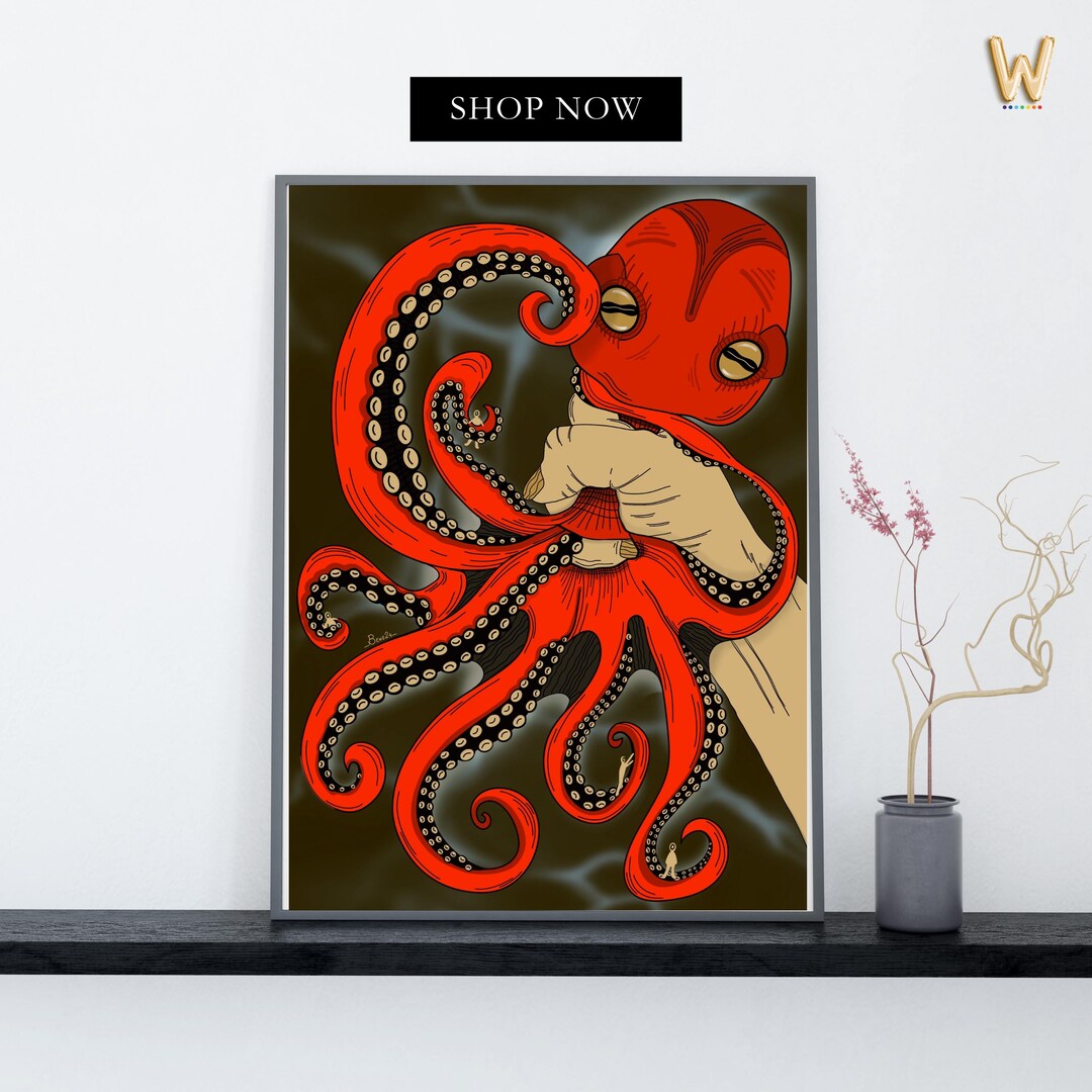 Red Octopus Art Print | Surreal Ocean Illustration | Modern Nautical ...