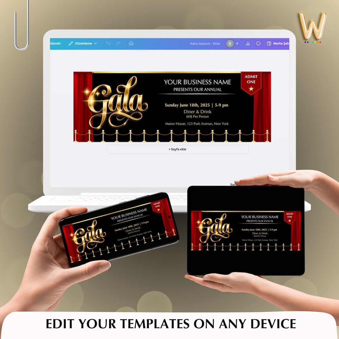 Golden Gala Ticket Template,admit One Printable Digital Download,black ...