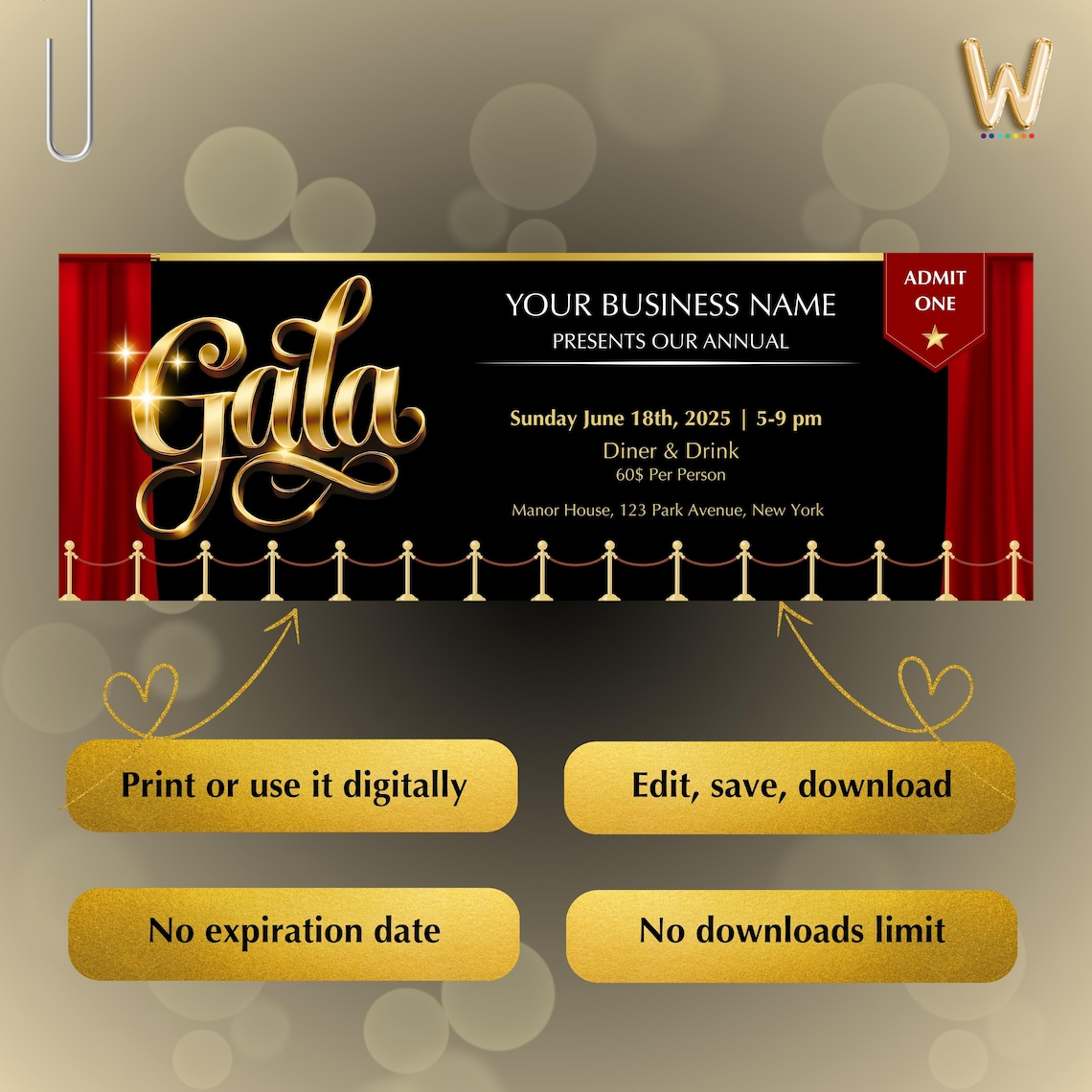 Golden Gala Ticket Template,admit One Printable Digital Download,black ...