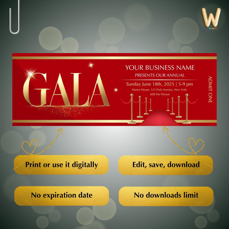 Golden Gala Ticket Template: Red and Gold Event Admission (digital ...