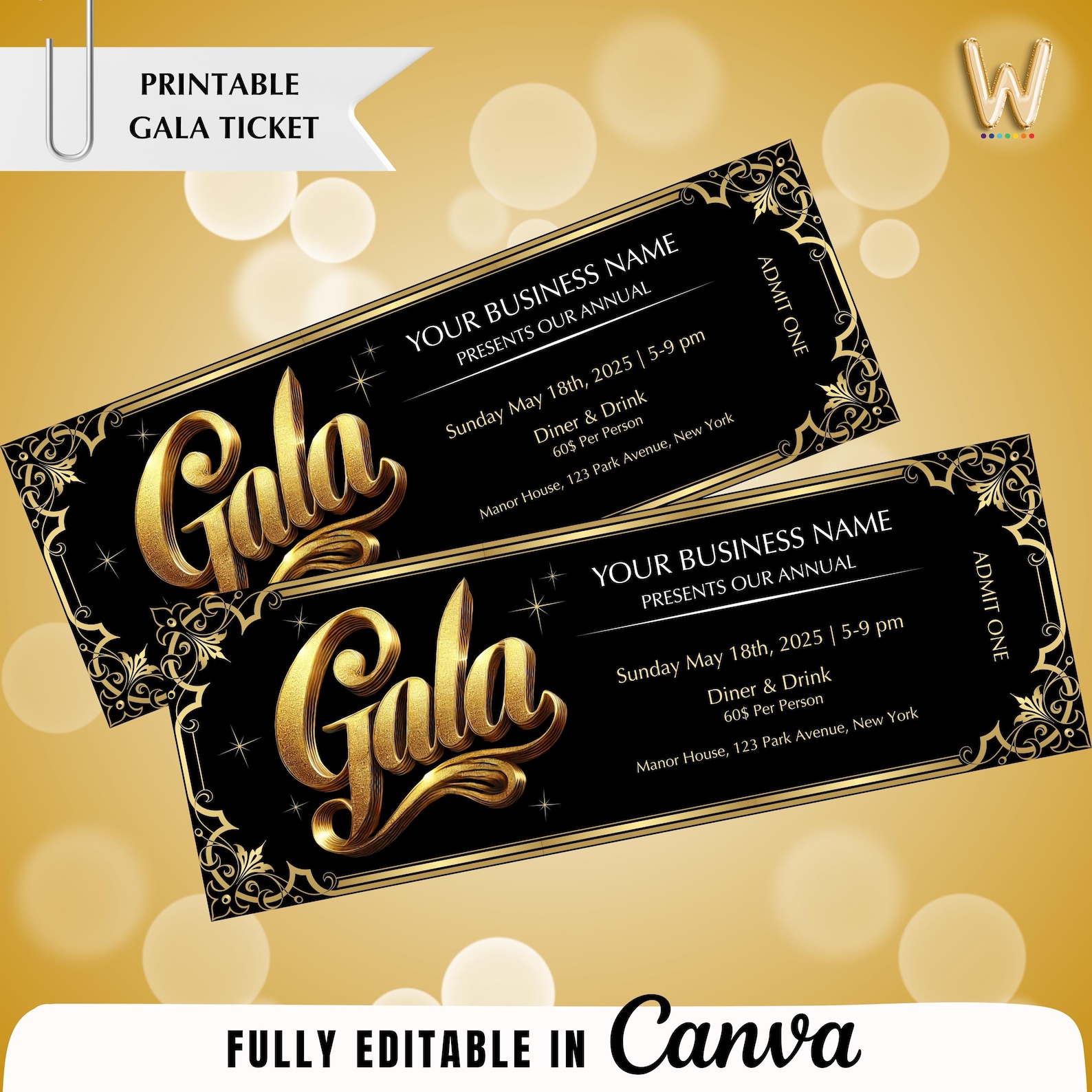 Golden Gala Ticket Template: Black and Gold Event Invitation (digital ...