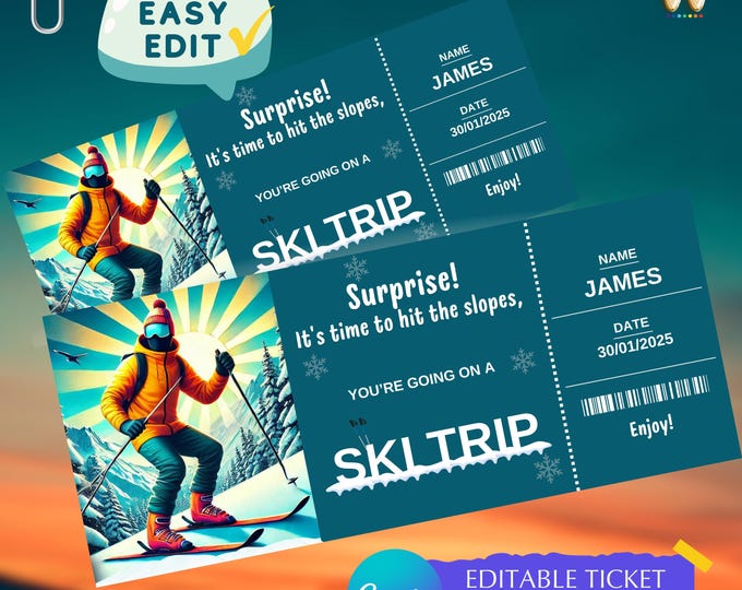Printable Kids SKIING Surprise Reveal Ticket, Gift Voucher, Editable ...