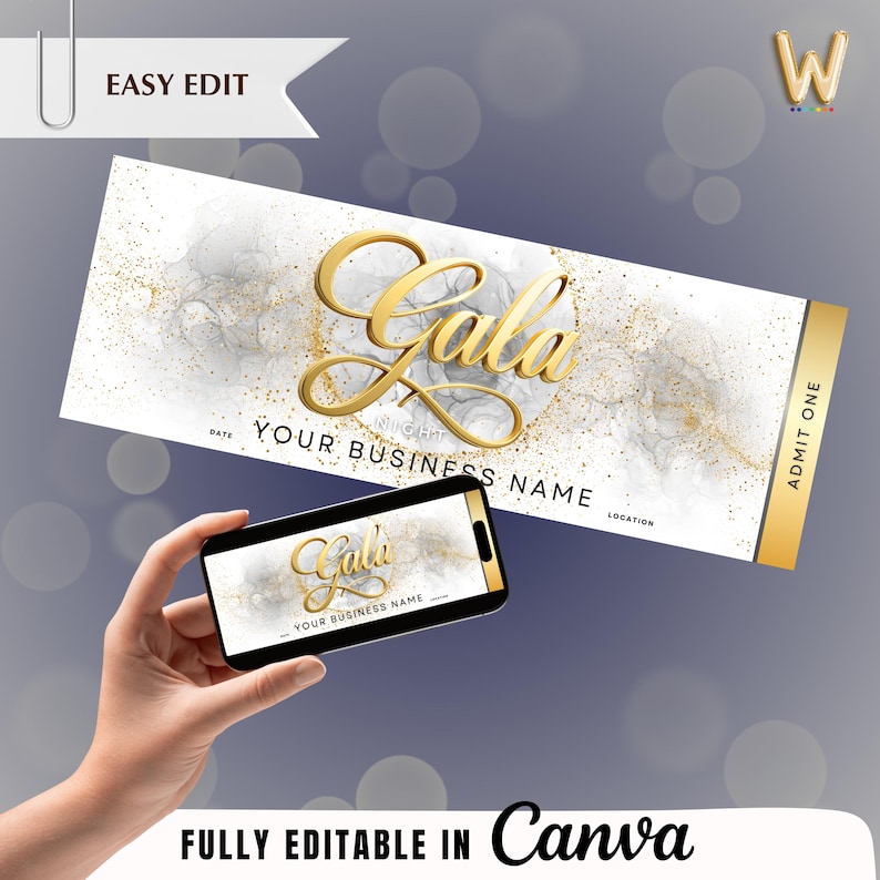Elegant Gala Ticket Template – White & Gold Invitation for Banquet ...