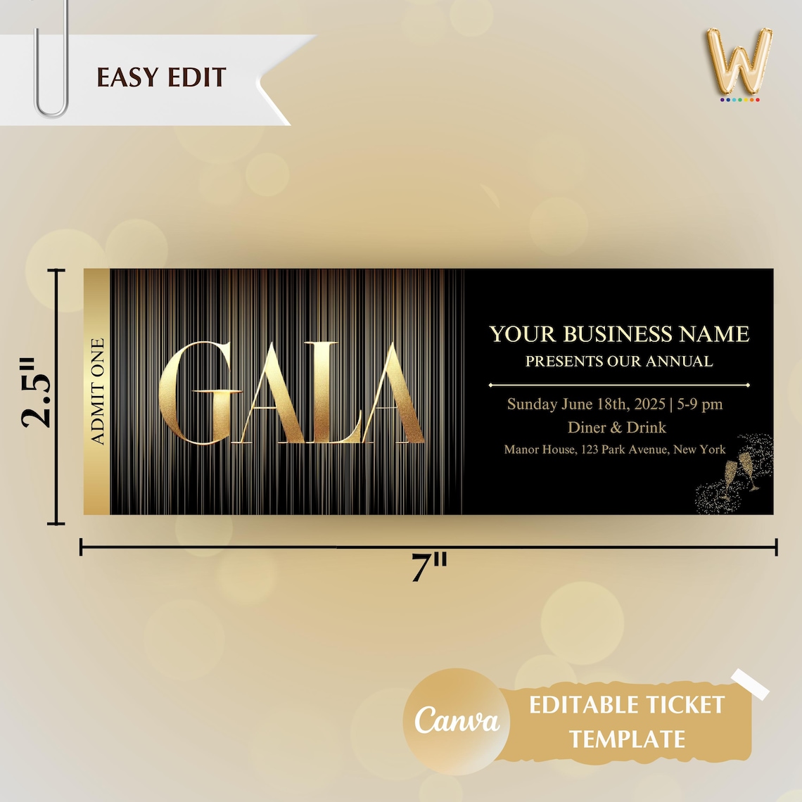 Golden Gala Ticket Template: Black and Gold Event Invitation (digital ...