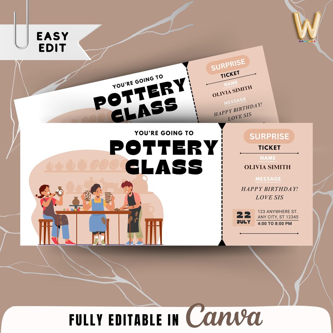 Editable Pottery Class Ticket Template, Printable Pottery Lesson ...