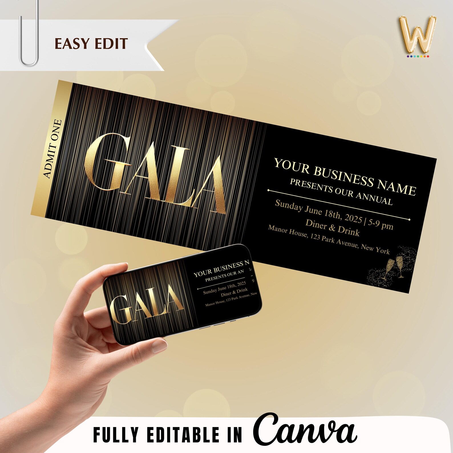 Golden Gala Ticket Template: Black and Gold Event Invitation (digital ...