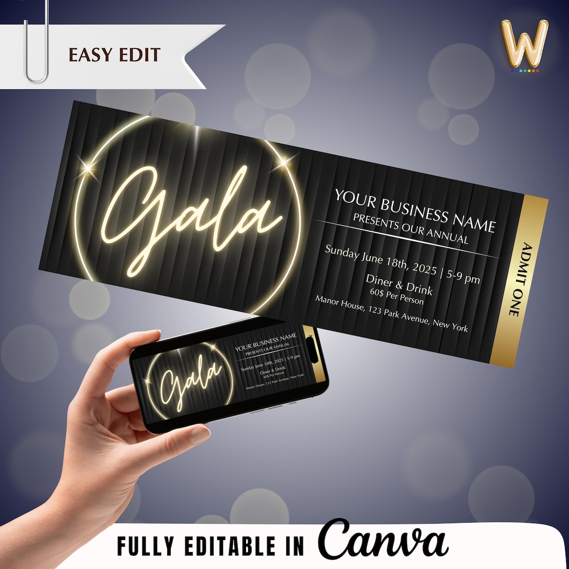 Golden Gala Ticket Template: Black and Gold Event Invitation (digital ...