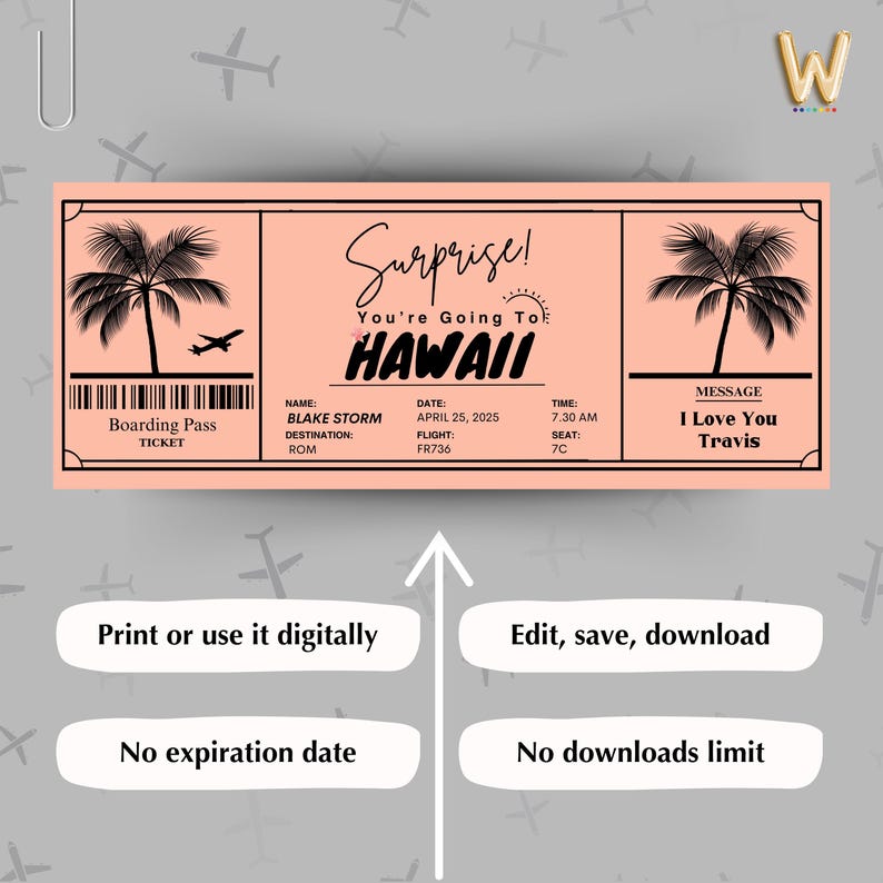 Editable Airline Ticket, Boarding Pass Surprise Trip, Custom Airplane ...