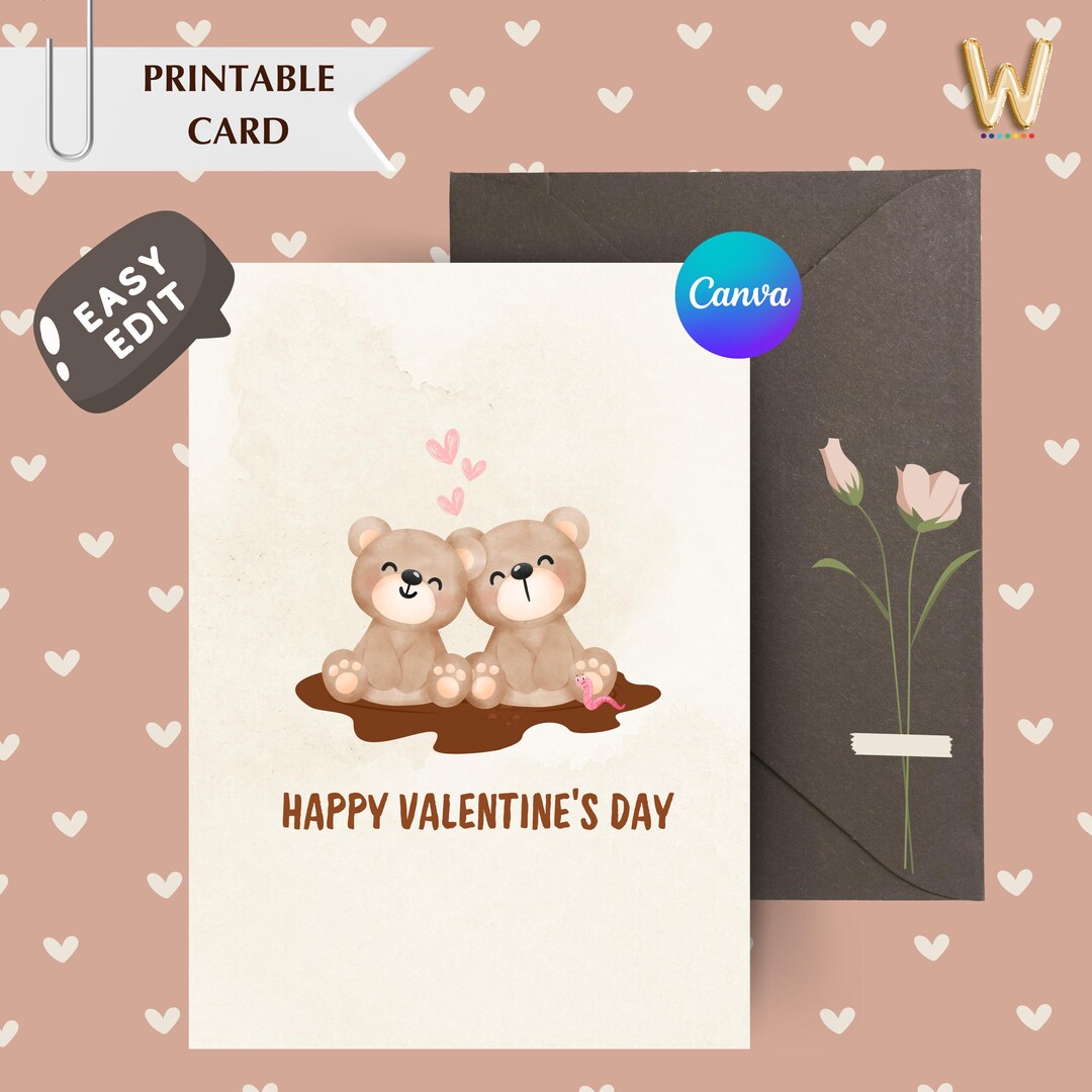 Cute Bear Valentines Day Card, Printable Valentines Day Card, Card for ...