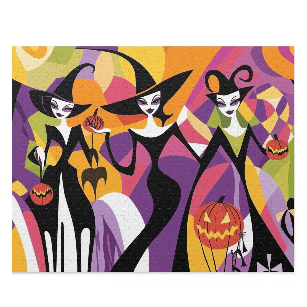 Halloween Witches Dance Jigsaw Puzzle, Whimsical Geometric Art - Etsy