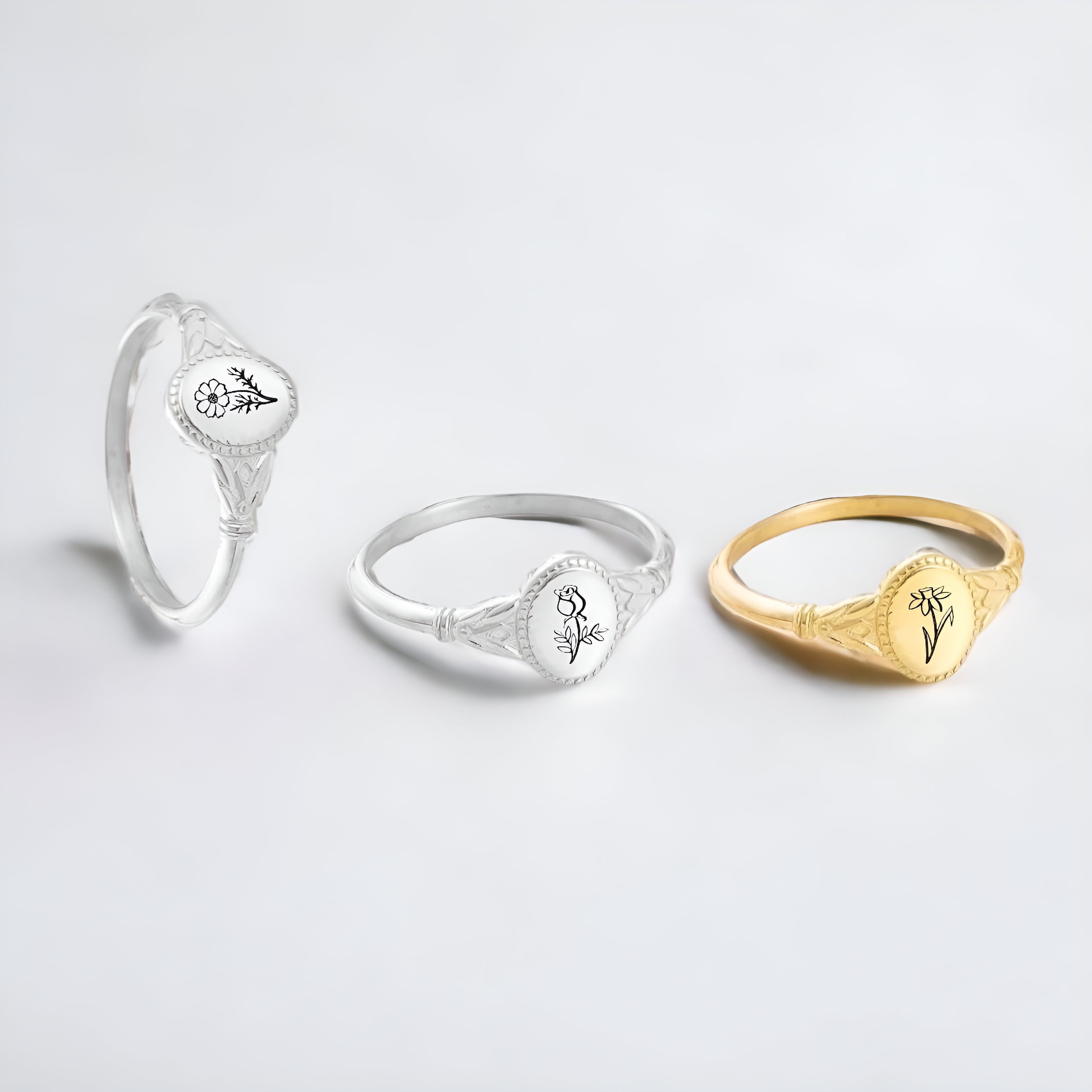 Birth Flower Signet Ring, Birth Flower Gift, Birth Month Flower Jewelry ...