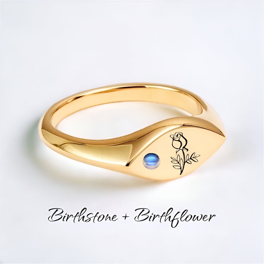 Birth Flower Signet Ring, Birth Flower Gift, Birth Month Flower Jewelry ...