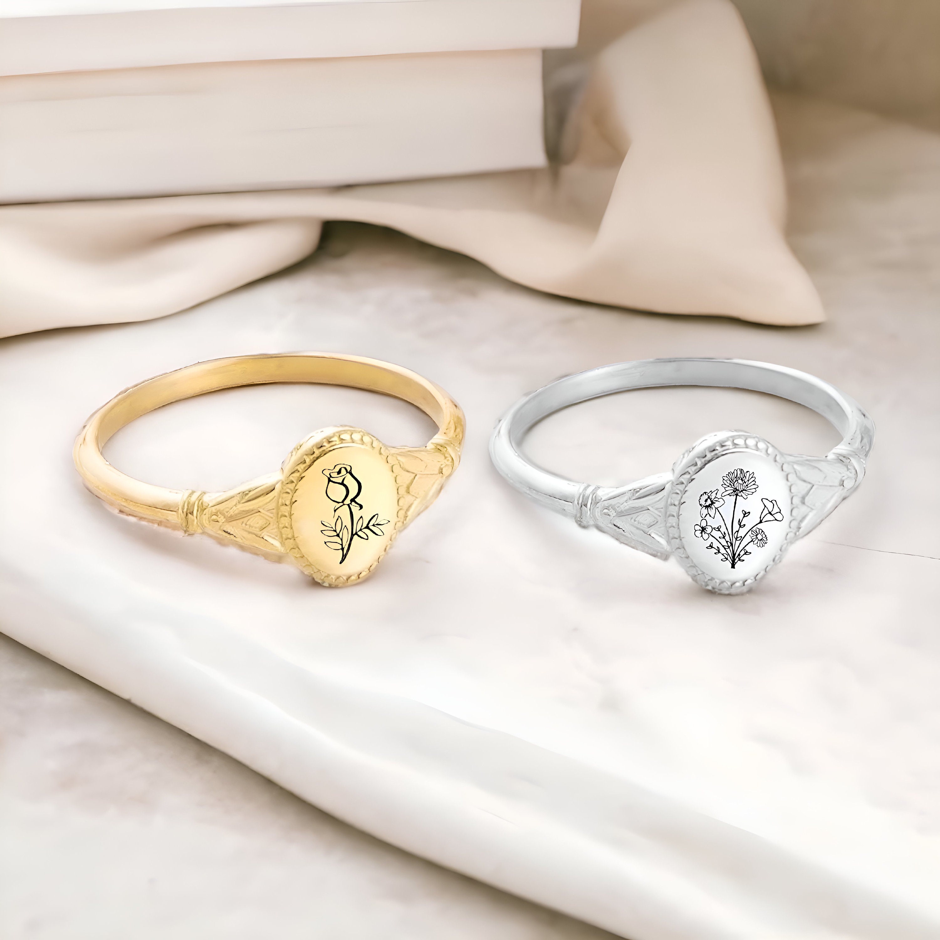 Birth Flower Signet Ring, Birth Flower Gift, Birth Month Flower Jewelry ...