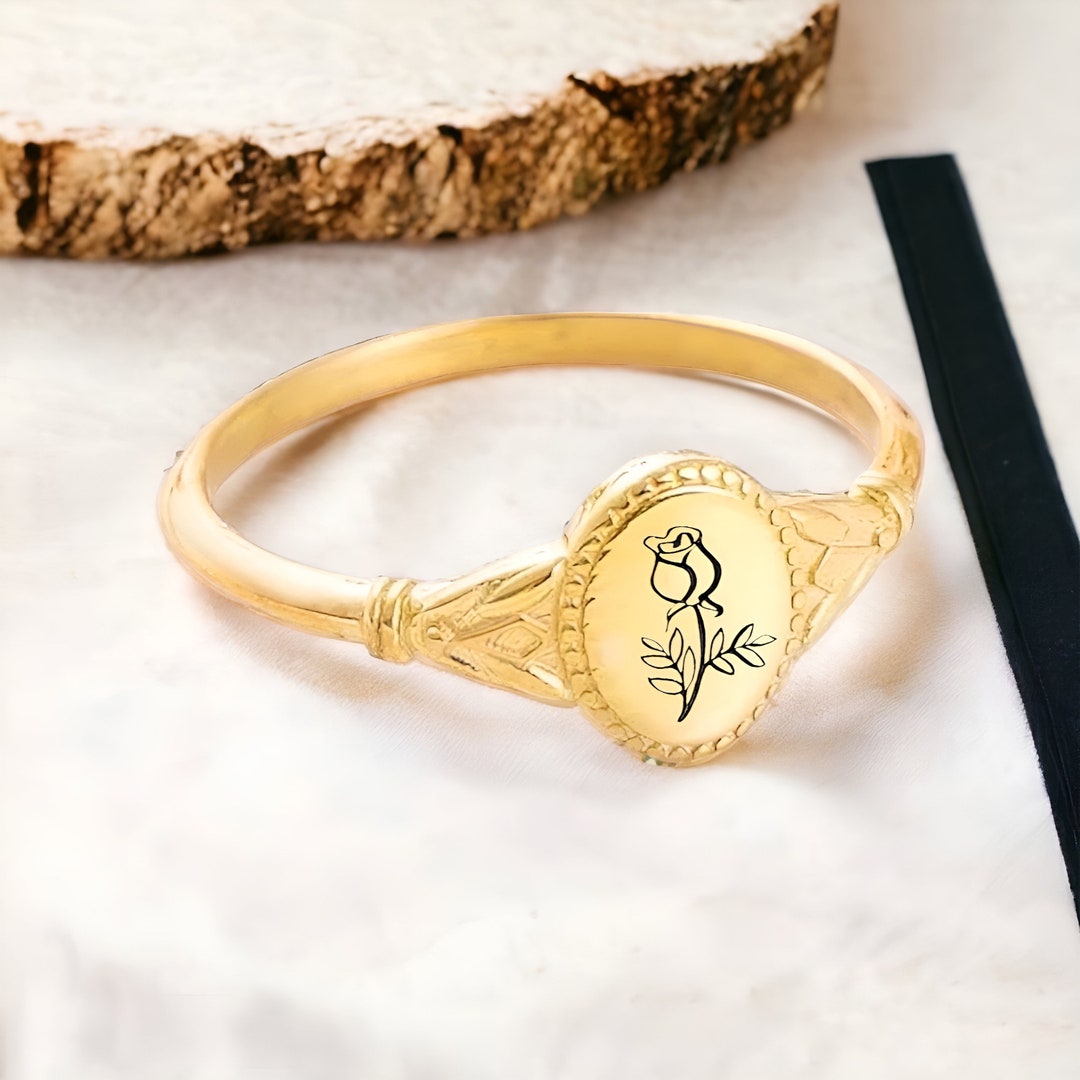 Birth Flower Signet Ring, Birth Flower Gift, Birth Month Flower Jewelry ...