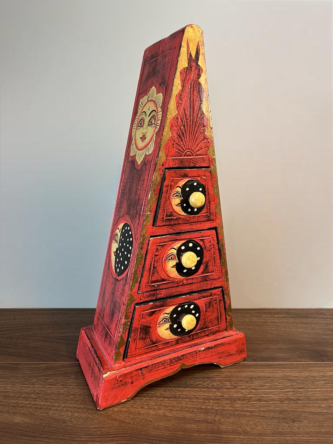 Vintage Wooden Celestial Pyramid Chest, Sun Moon Stars, 3 Drawers, 90s ...