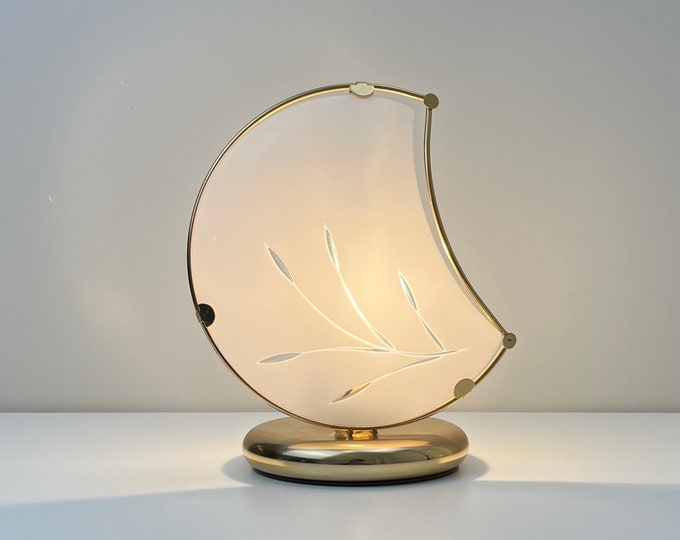 Vintage Crescent Moon Lamp, 1980s, Art Deco Revival, Milky Glass Shade ...