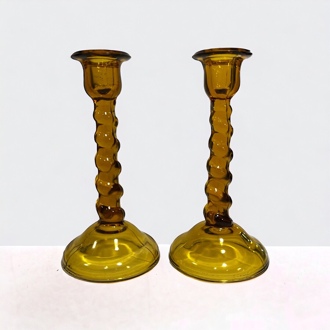 Vintage Amber Tiffin Glass Twisted Candle Holder Pair, Blown Glass, 70s ...