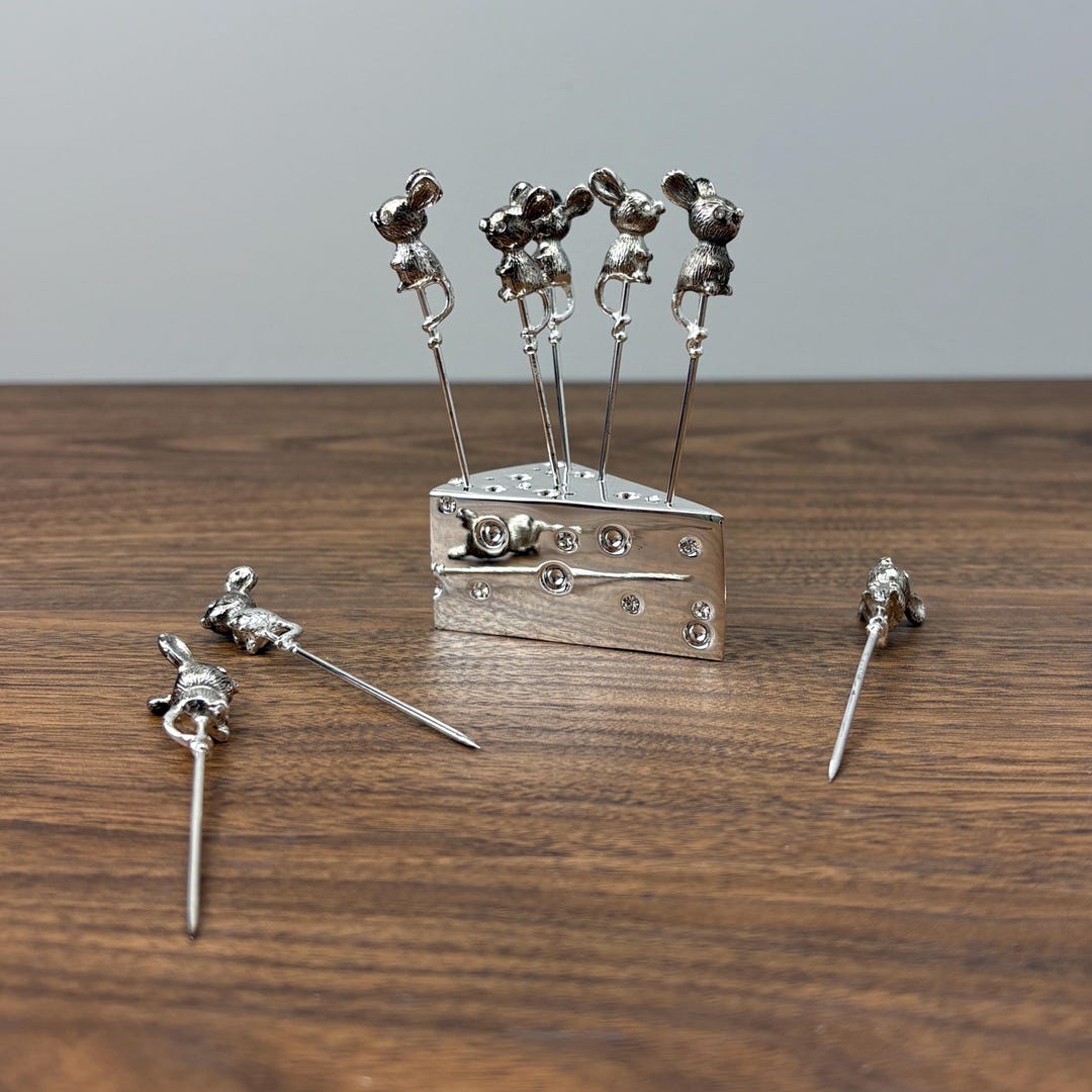 RARE Vintage Mice Cheese Picks Set by Godinger, Swiss Cheese Stand ...