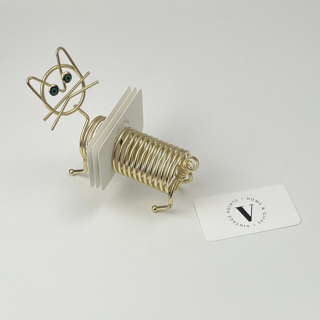 Vintage Coiled Cat Business Card Holder, Gold Tone Metal, Green Eyes ...