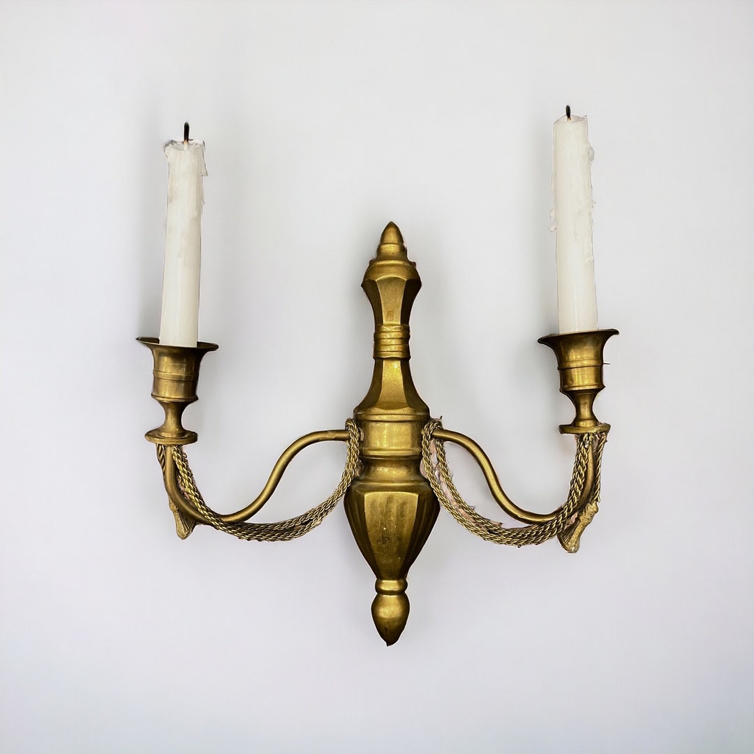 RESERVED Vintage Solid Brass Sconce, Double Arm, Rope & Tassel, Candle ...