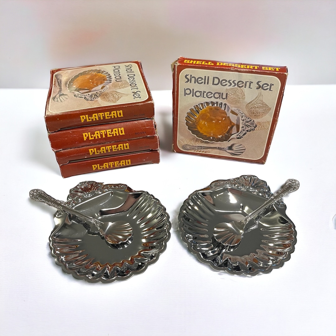 Vintage Shell Dessert Plate & Spoon Set, Stainless Steel, French ...