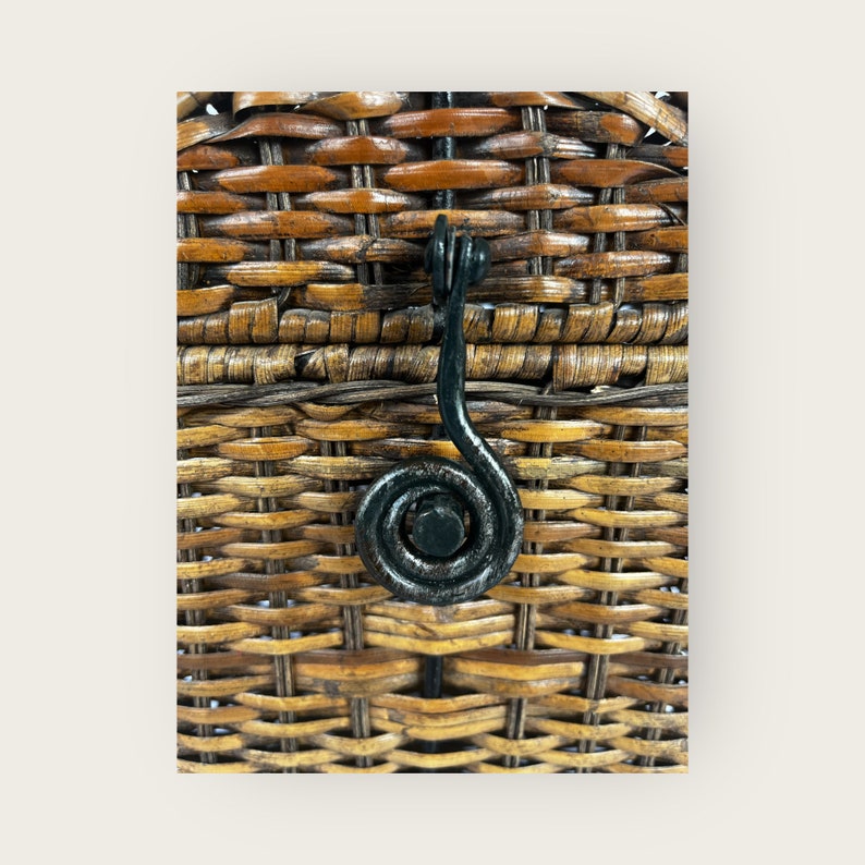 Vintage Rattan Basket, Wrought Iron Frame, Swirl Latch, Bamboo, Wicker ...