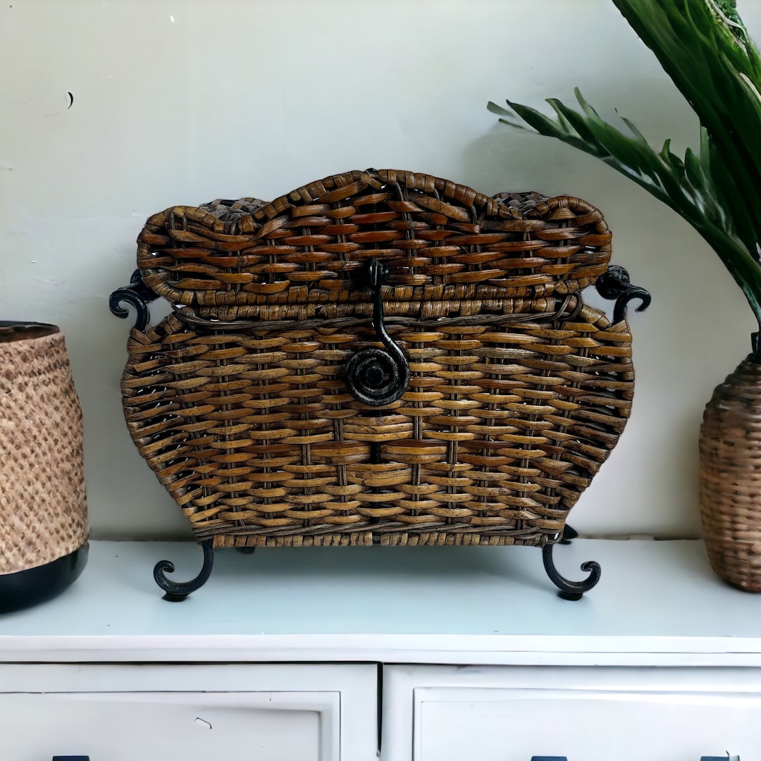 Vintage Rattan Basket, Wrought Iron Frame, Swirl Latch, Bamboo, Wicker ...
