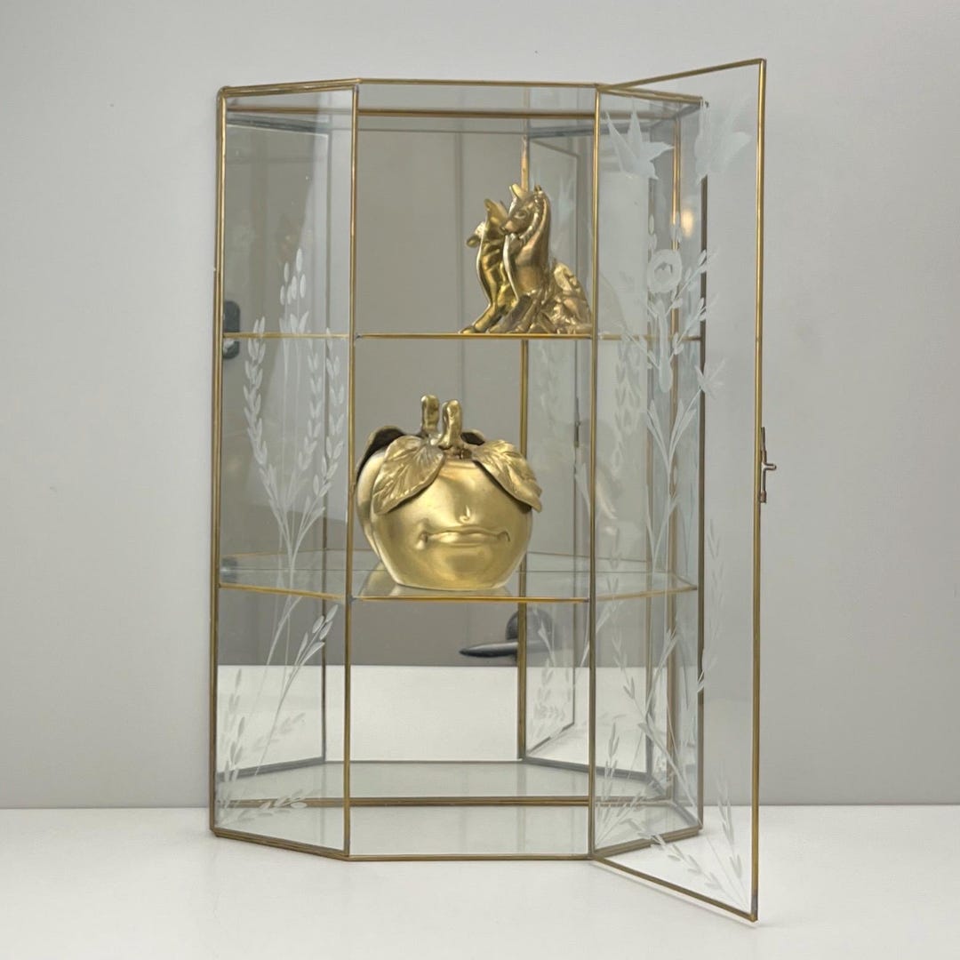 LARGE Vintage Brass Glass Curio Cabinet, 18, Mirrored, Etched ...
