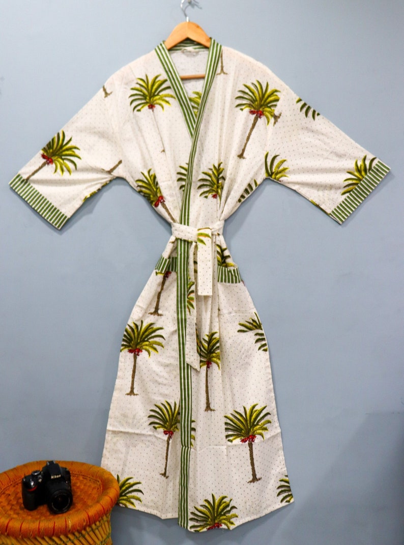 Cotton Kimono Robe Dressing Gown, Palm Tree Print Bridesmaid Robe ...