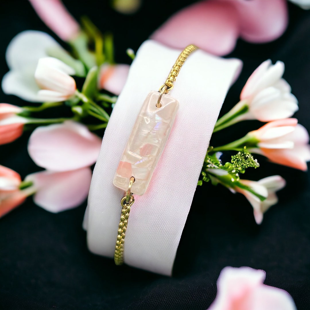 Iridescent Shell Mosaic Polymer Clay Stainless Steel Bracelet Silver or ...