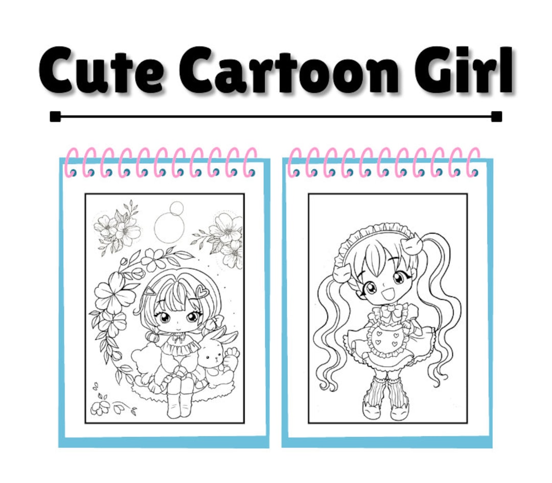 30 Cute Cartoon Girl Coloring Pages Book for Kids and Adults , Instant ...