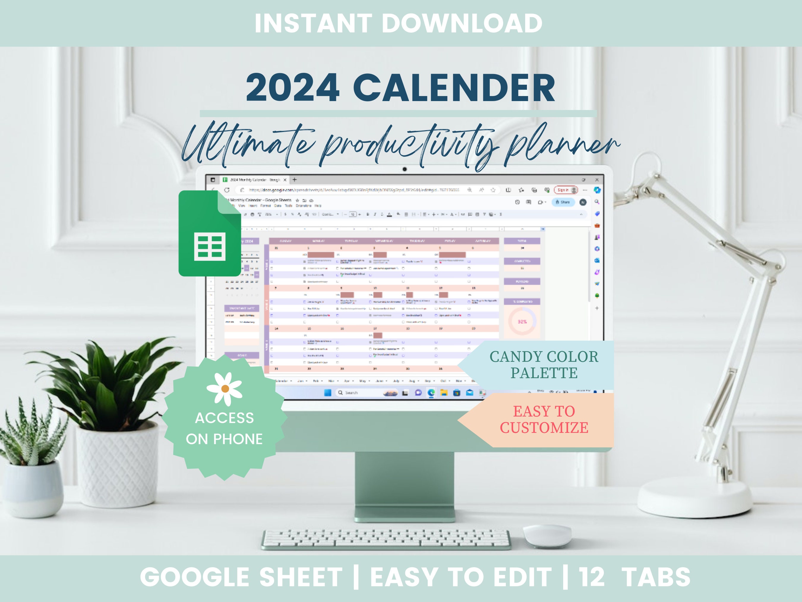 2024 Monthly Calendar Spreadsheet Google Sheets Task Planner ...