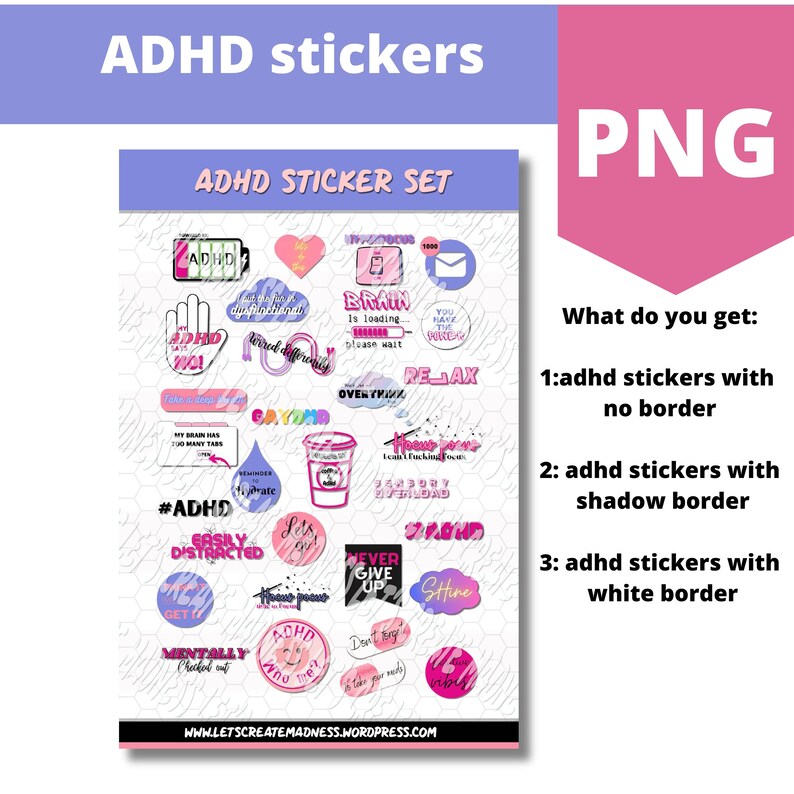 Adhd Sticker Set, Adhd Sticker, Digital Clipart, Png, Adhd Community ...