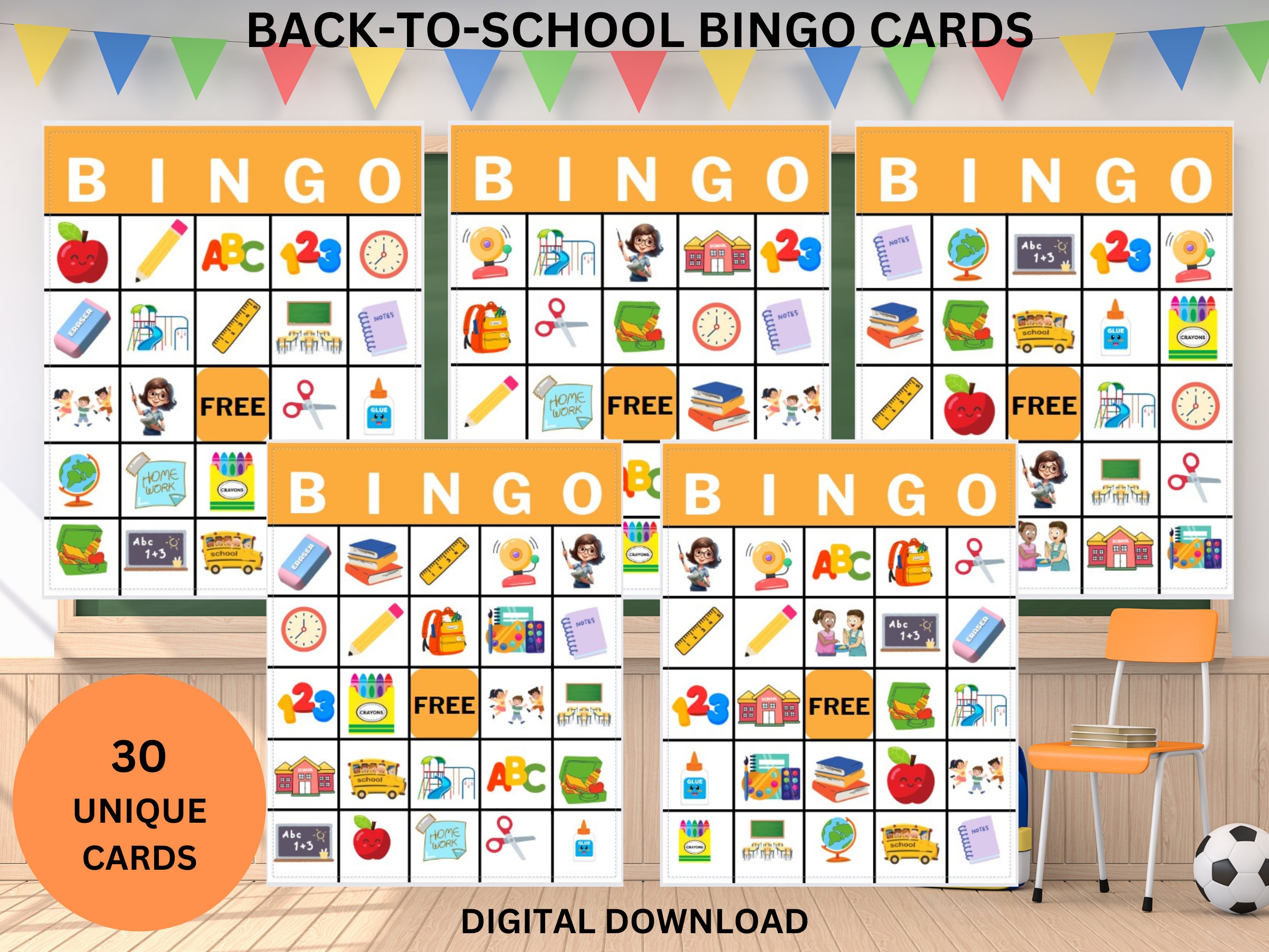 Back-to-school Bingo Printable Game, 30 Unique Bingo Cards, School ...