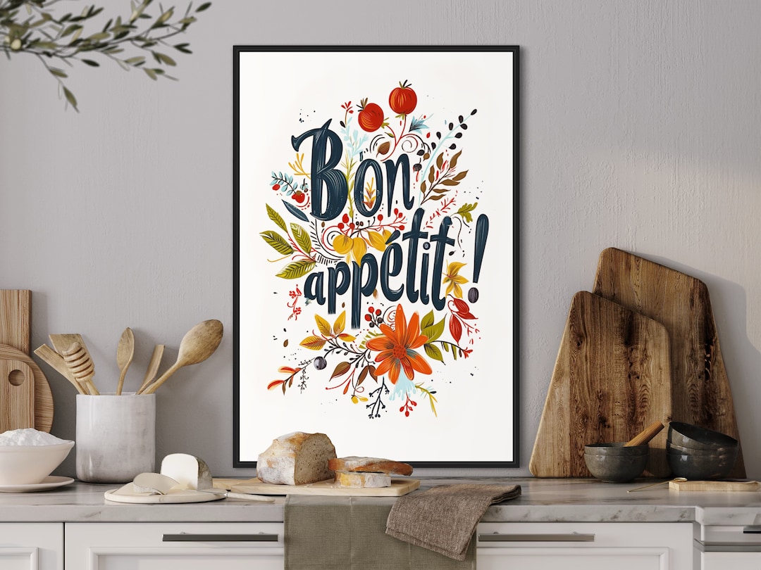 Bon Appetit Kitchen Print: French Quote Floral Illustration (digital ...