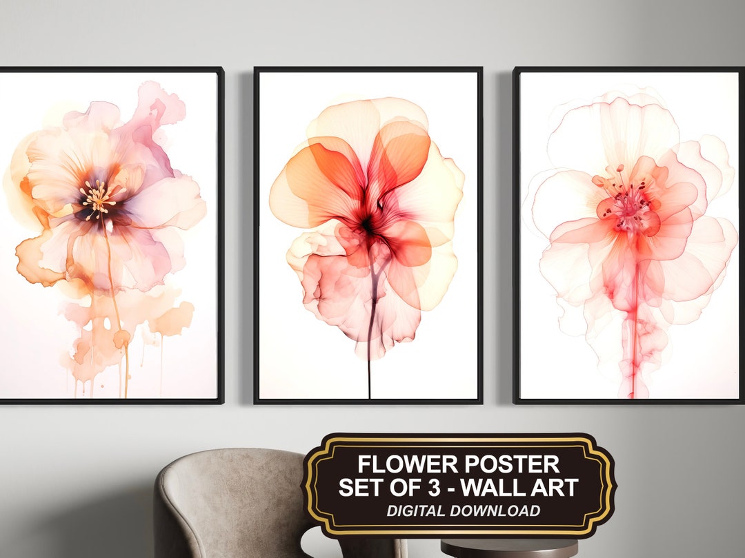 Set of 3 Pink Floral Watercolor Prints, Minimalist Pink Flower Wall Art ...