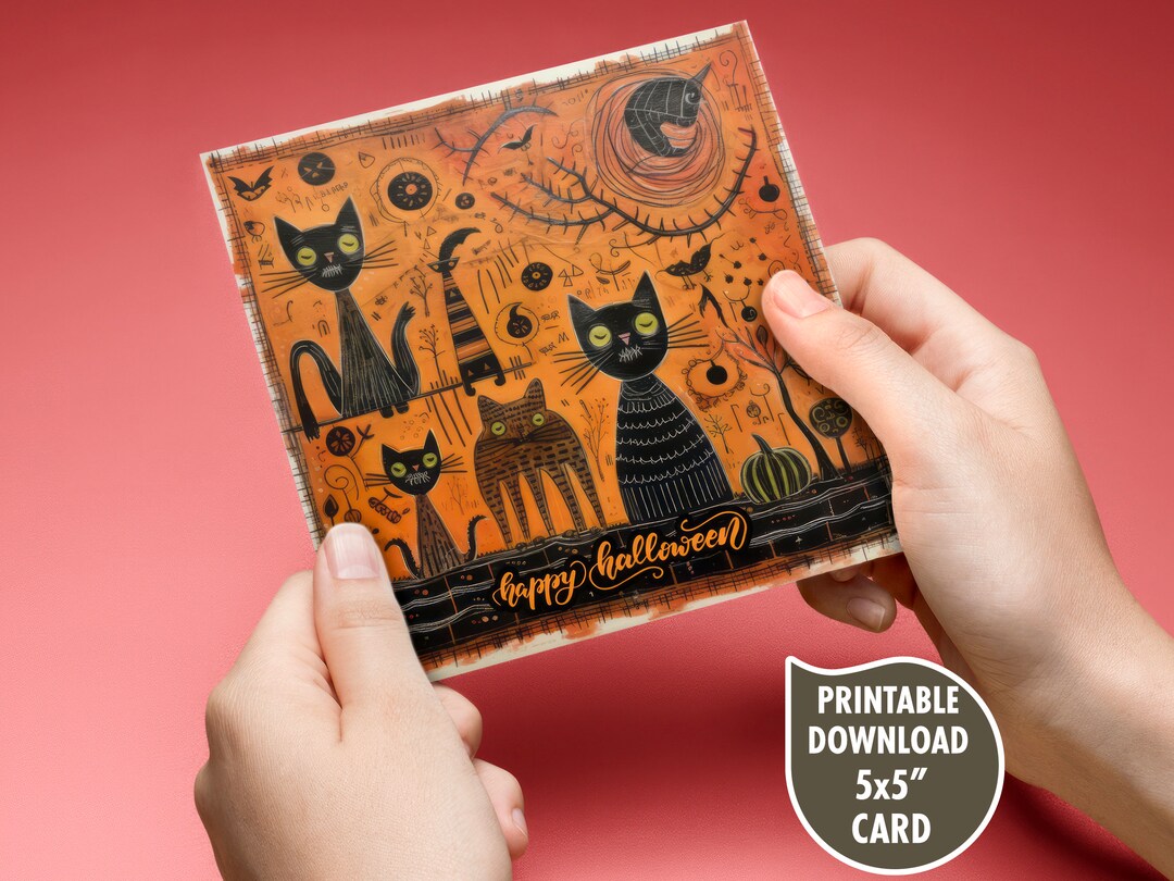 Halloween Cat Card: Fantasy Art Printable Greeting (digital Download ...