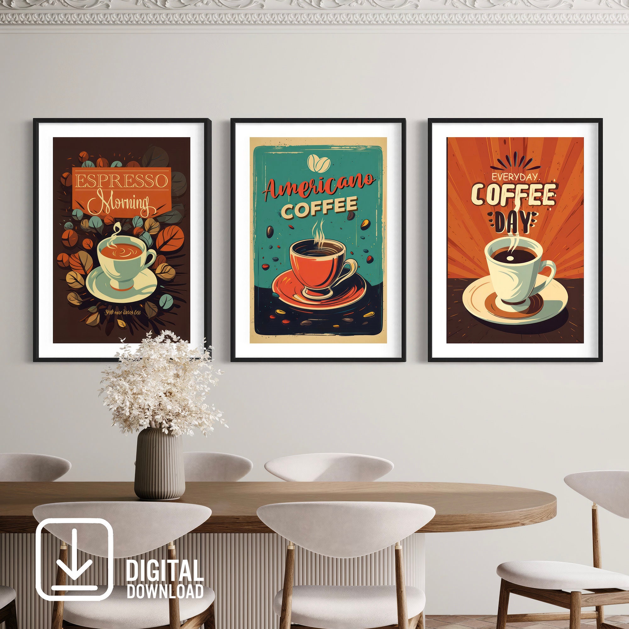 Set of 3 Retro Coffee Poster, Kitchen Wall Art, Coffee Art Print ...