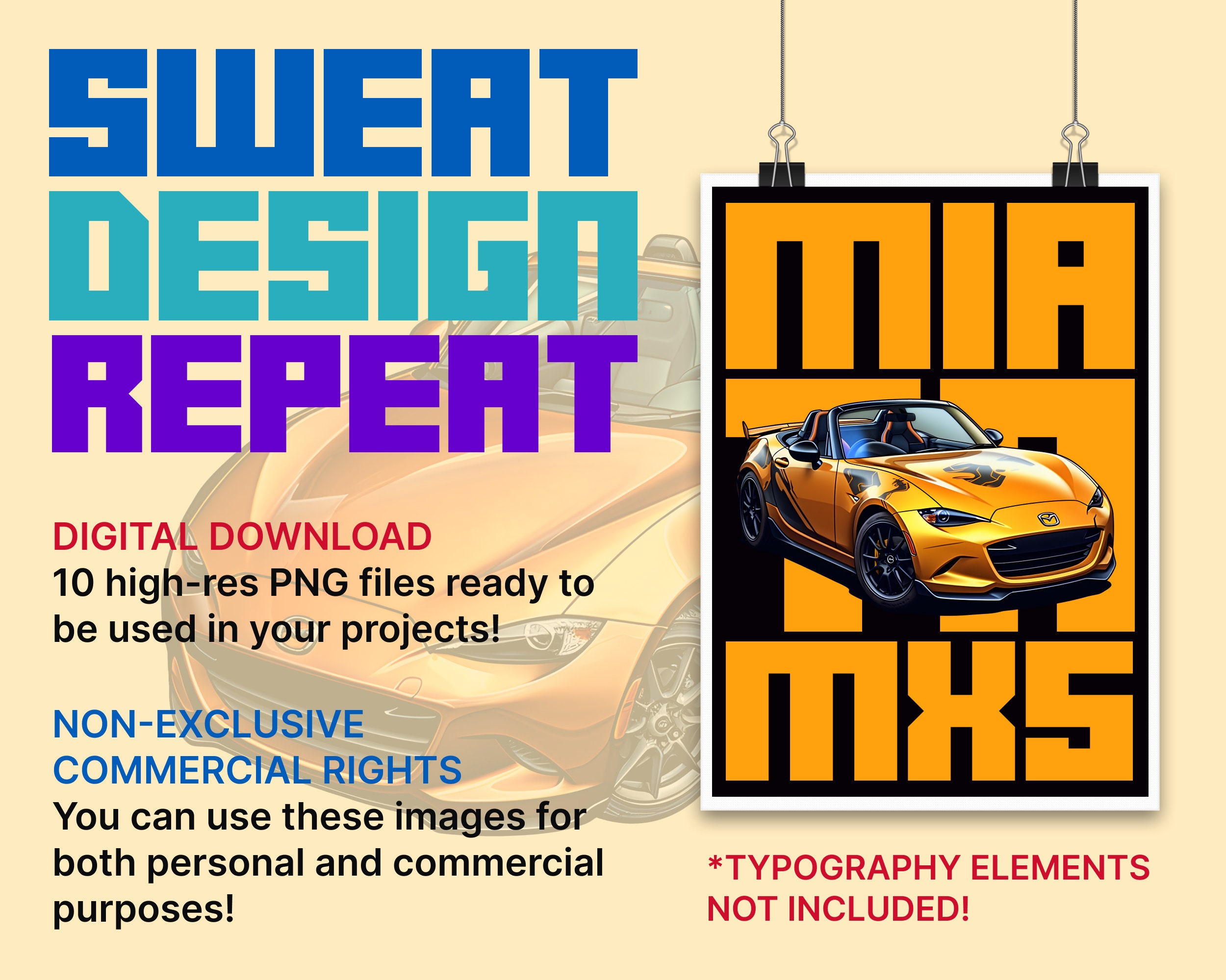 Street Cars Miata MX5 PNG Clip Art Digital Assets Tshirt Design Pack 1 ...