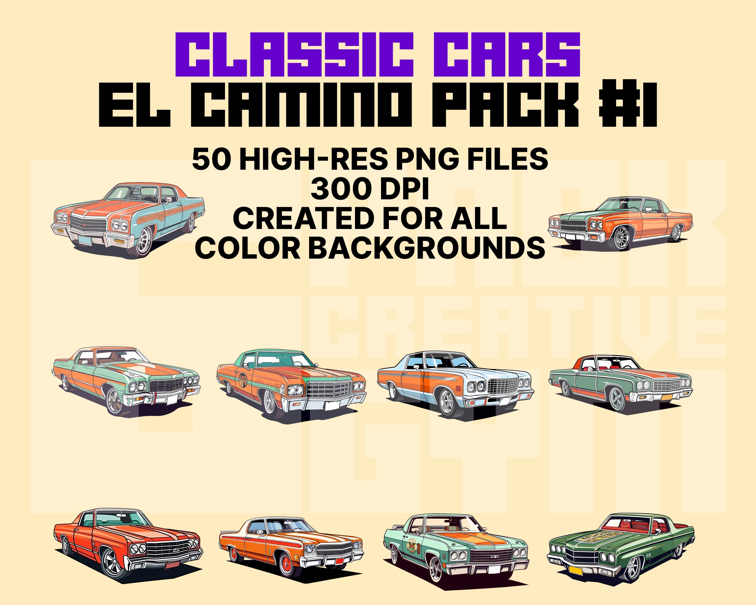 50 Classic Cars PNG Chevrolet El Camino SS 1970 T-shirt Design DTG Clip ...