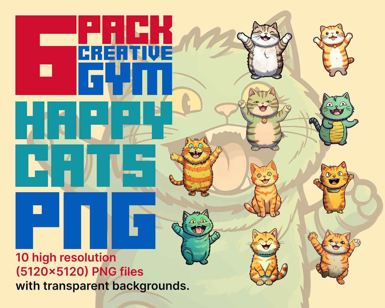 Cartoon Cats Clip Art PNG Digital Assets Transparent Background Pack 1 ...