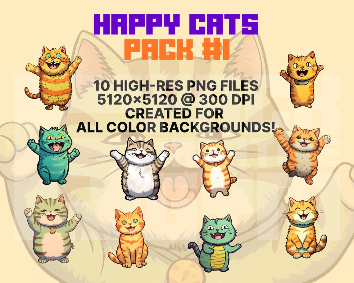 Cartoon Cats Clip Art PNG Digital Assets Transparent Background Pack 1 ...