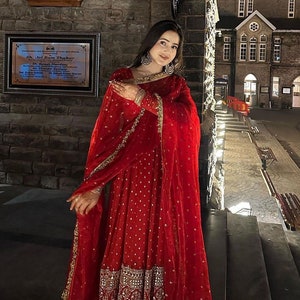 Pakistani Embroidered Red Georgette Gown With Dupatta, Partywear Long ...