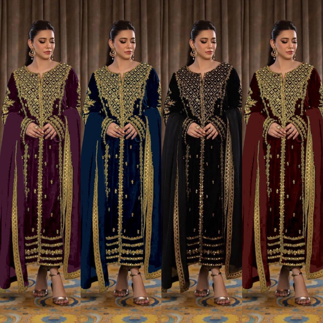 Premium Pakistani Velvet Suit Fully Embroidered Velvet Dress With Full ...