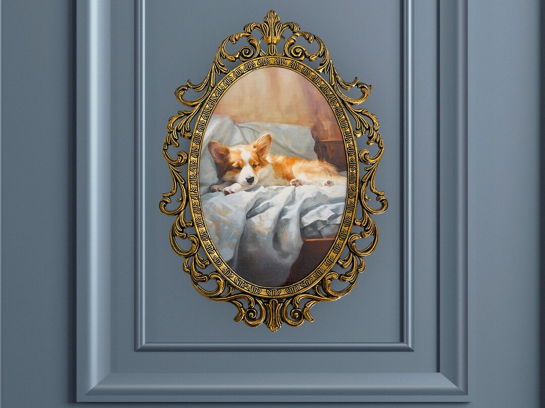 Rare Artwork of a Pembroke Welsh Corgi Sleeping on Light Blue Linen in ...