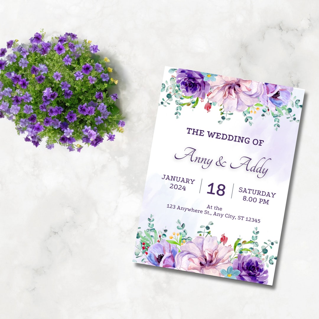 Lilac Floral Wedding Invitation Card, Lilac Wedding Invite, Purple ...