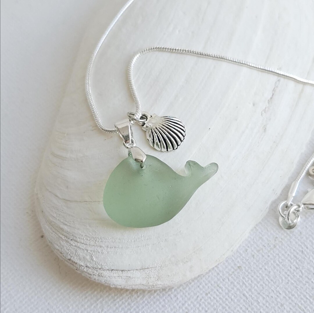 Hand Carved Sea Glass Whale Necklace, Silver Shell Charm, Ocean Jewelry ...